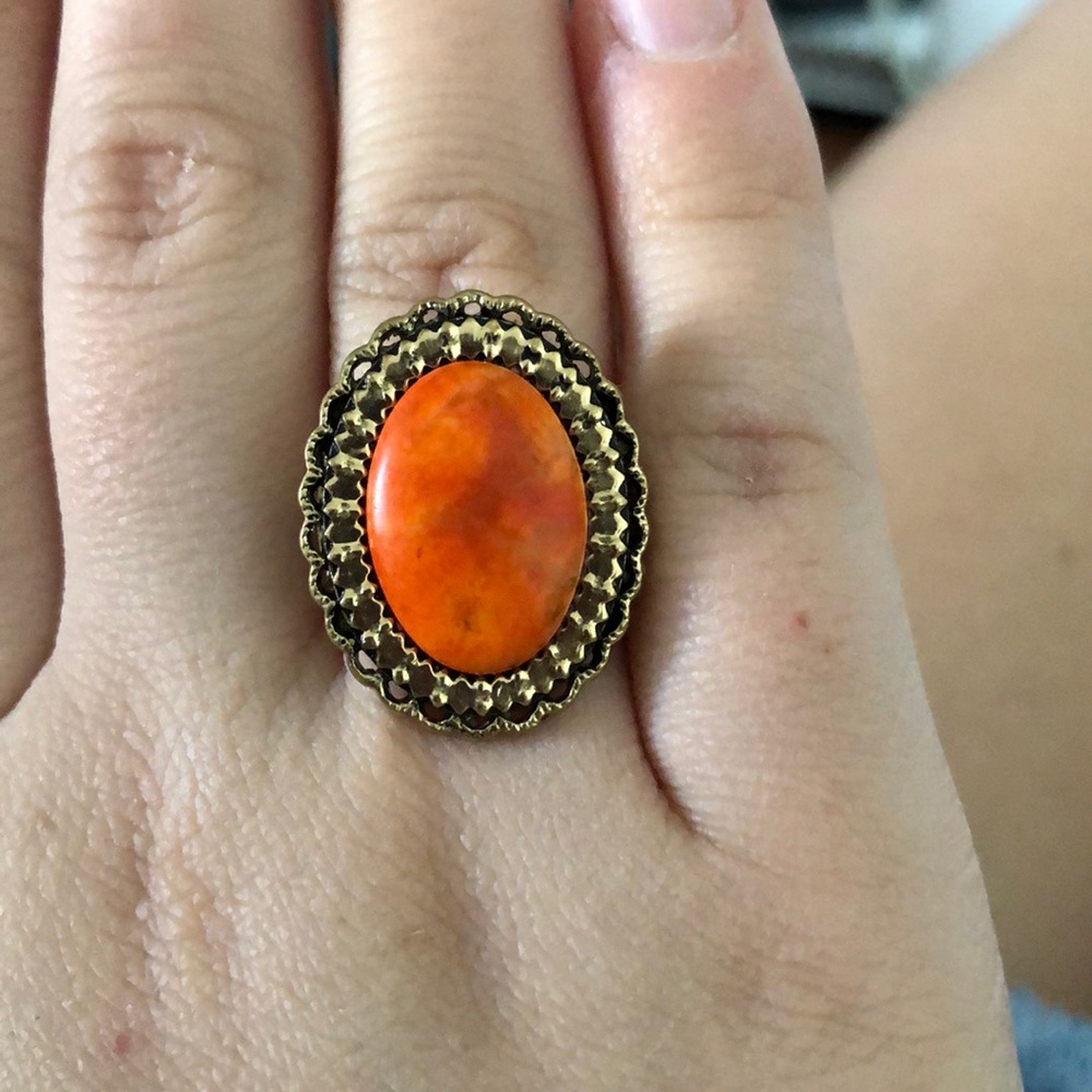 Orange Stone And Plated Gold Ring - Gem